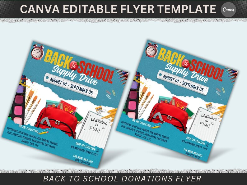 Back to School Supply Drive Flyer Template, Back to School Donations ...