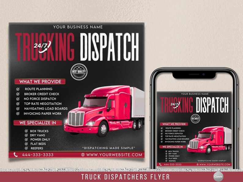 24/7 Truck Dispatching Flyer Template, Digital Trucking Dispatcher Flyer, Editable Canva ...