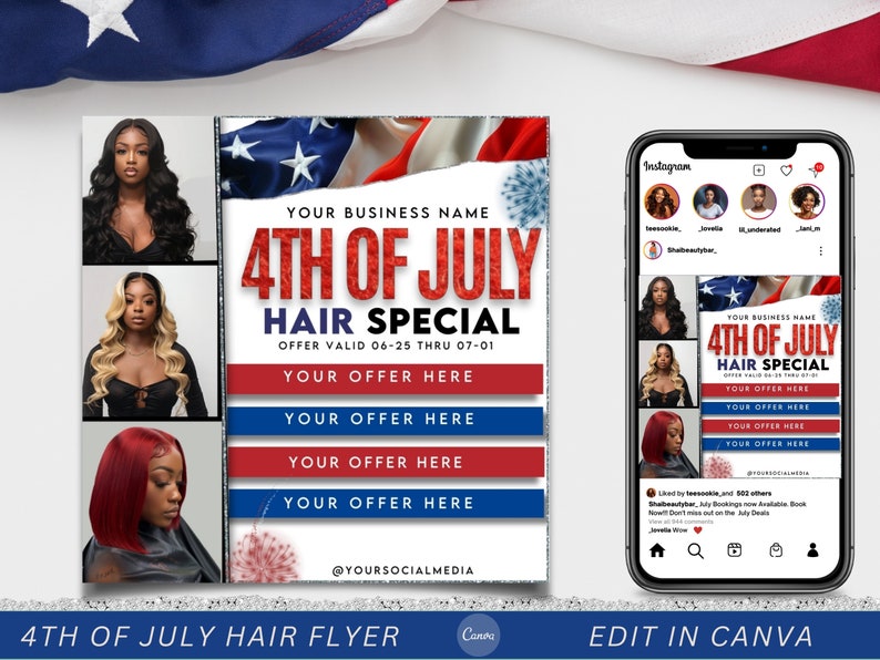 4th of July Hair Special Flyer, Fourth of July Booking Flyer Template ...