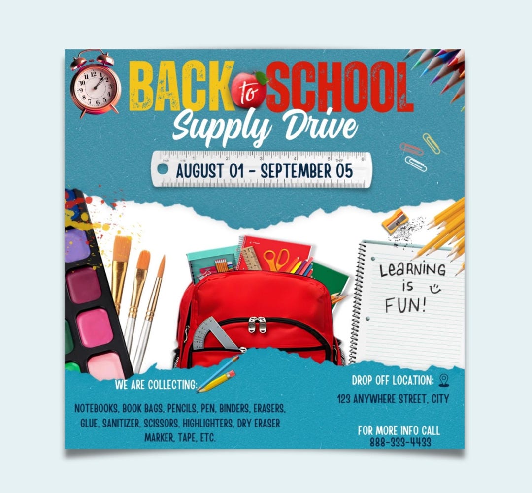 Back to School Supply Drive Flyer Template, Back to School Donations ...