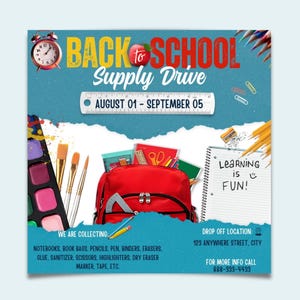 Back to School Supply Drive Flyer Template, Back to School Donations ...