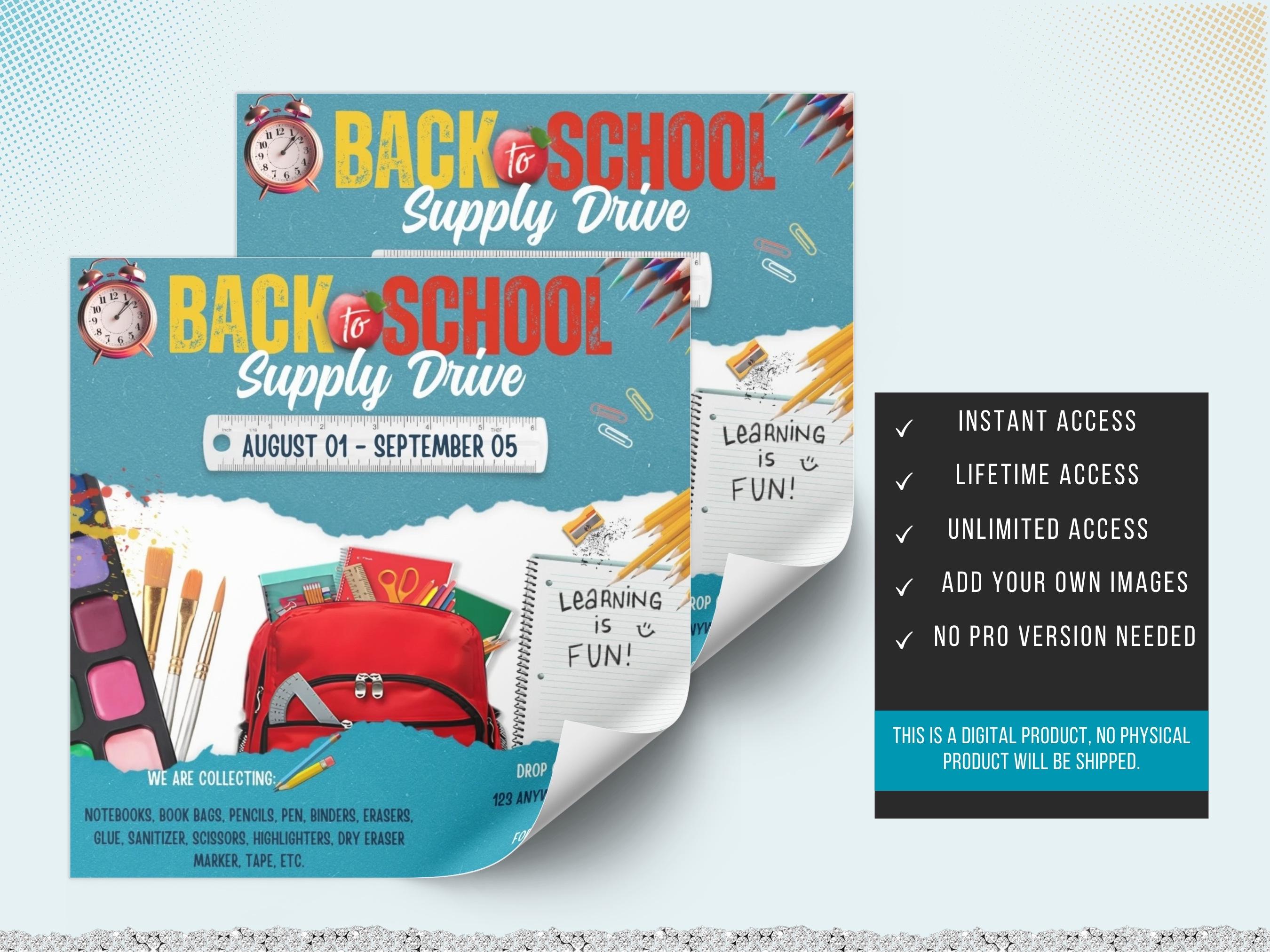 Back to School Supply Drive Flyer Template, Back to School Donations ...