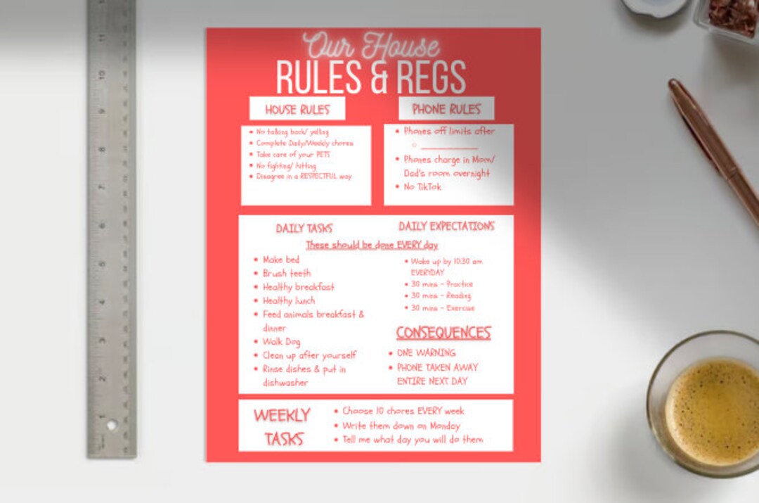 Family Rules and Chore Guide Red (digital Canva Template) - Etsy