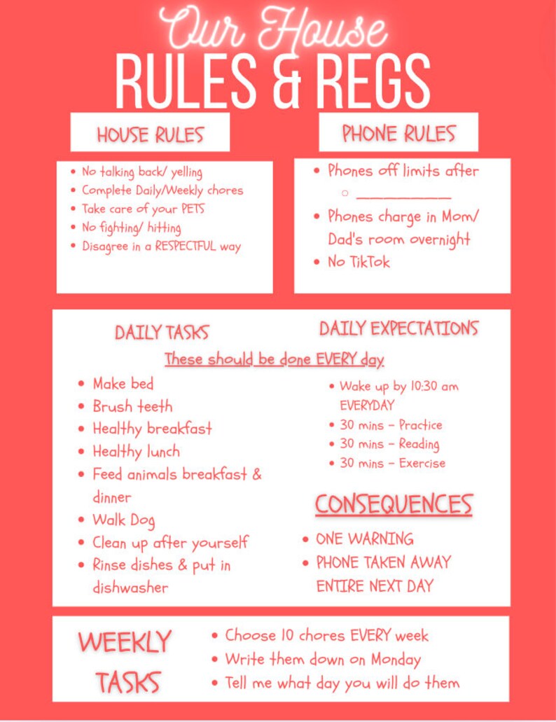 Family Rules and Chore Guide Red (digital Canva Template) - Etsy