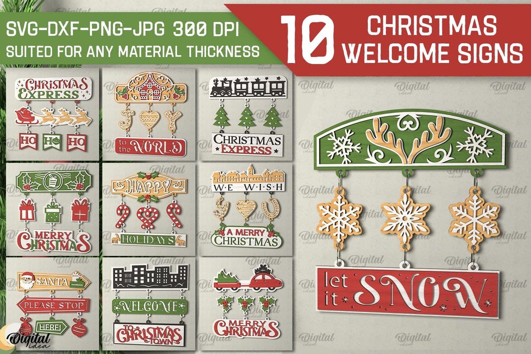 3D Christmas Welcome Signs Bundle, Xmas Wall Hanger Laser Cut, Wooden ...