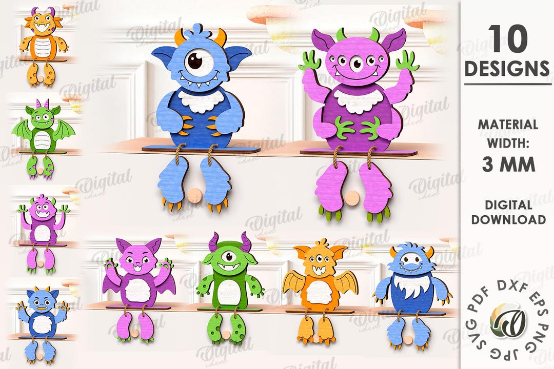 3D Monster Shelf Sitters Bundle, Kids Room Decor Laser Cut, Wooden Kids ...