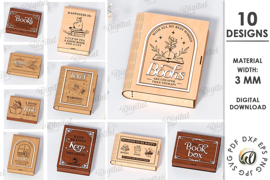 3D Book Gift Boxes Bundle, Book Holder Box Laser Cut, Wooden Storage ...