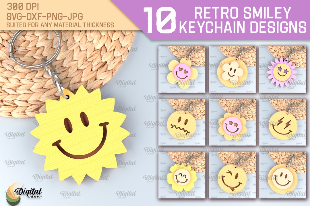 Retro Smiley Keychains Bundle, 3D Keychains Lasercut, Groovy Keyring ...