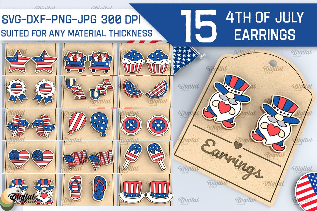 4th of July Stud Earrings Laser Cut Bundle, Wooden Independence Day ...