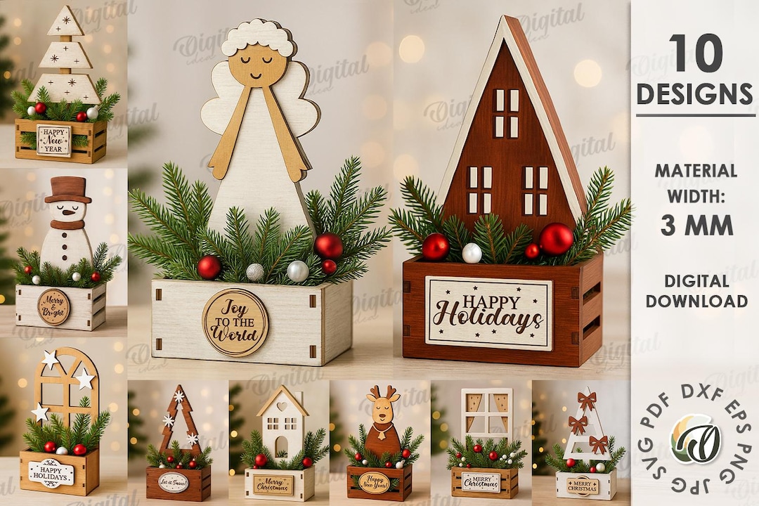 3D Christmas Decorative Boxes Bundle, Wooden Box Laser Cut, Layered ...