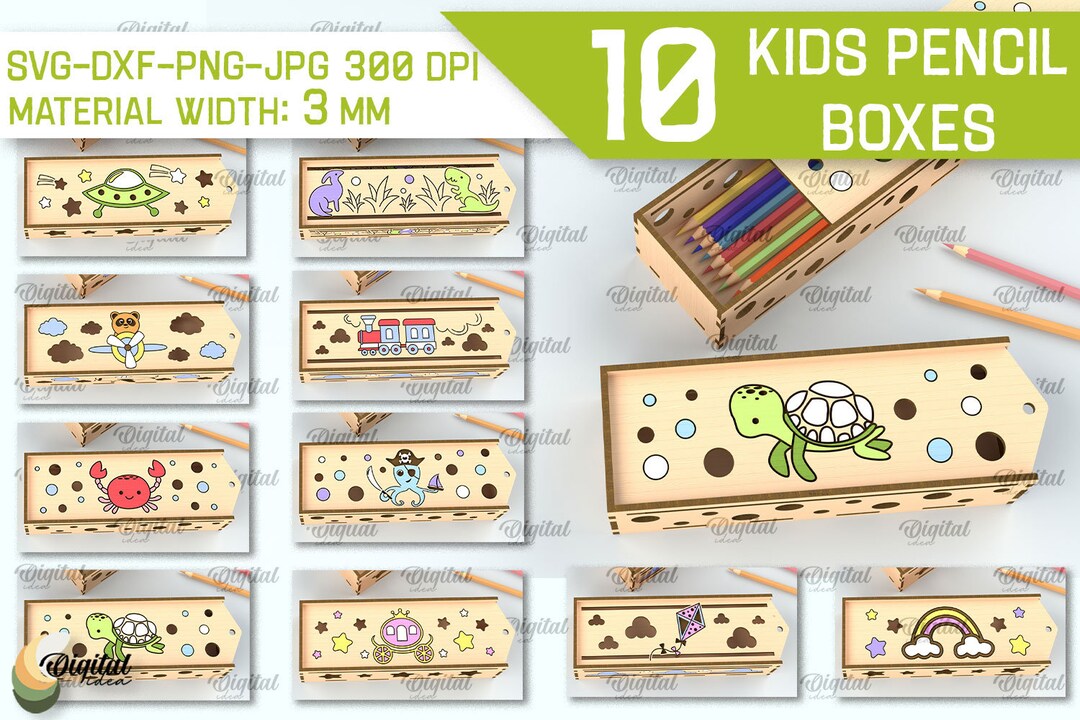 3D Kids Pencil Boxes Bundle, Box Template Laser Cut, Pencil Case Svg ...