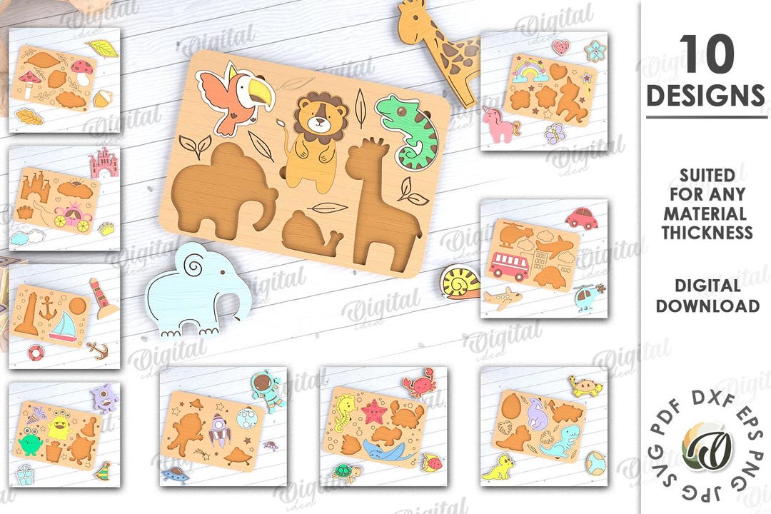 Wooden Kids Puzzles Bundle, 3D Laser Cut Puzzle SVG, Cute Animals ...