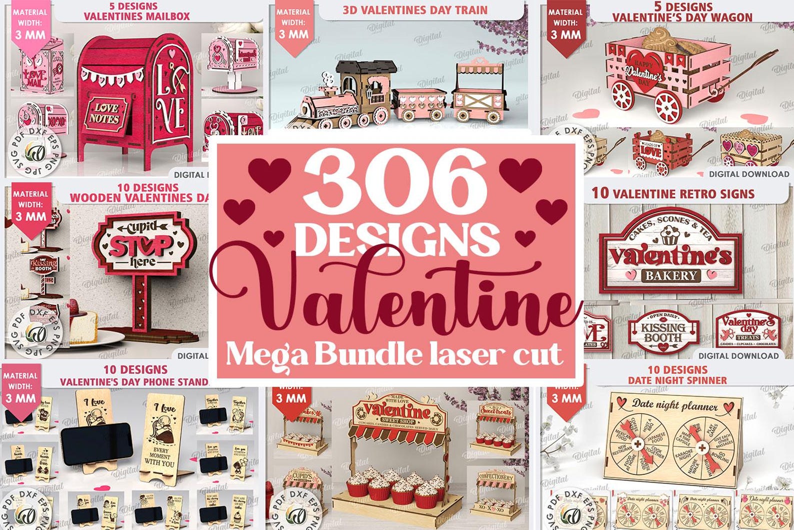 Valentine's Day Laser Cut Mega Bundle, 306 Valentine Designs, 3D ...