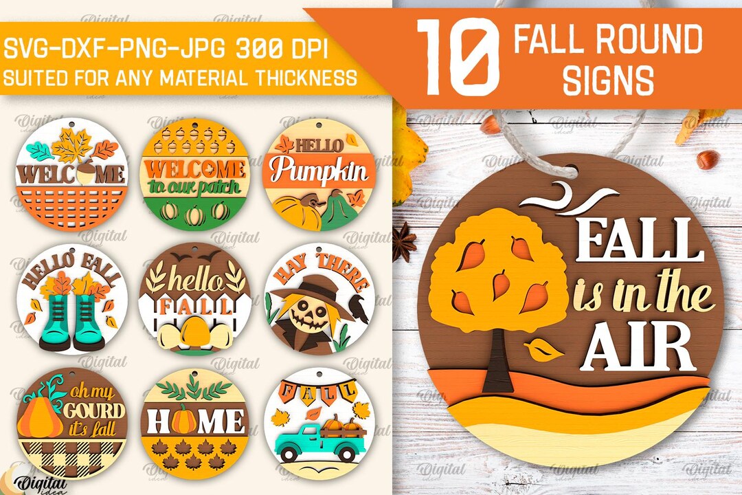 3D Fall Round Signs Bundle, Wooden Sign Laser Cut, Autumn Round Layered ...