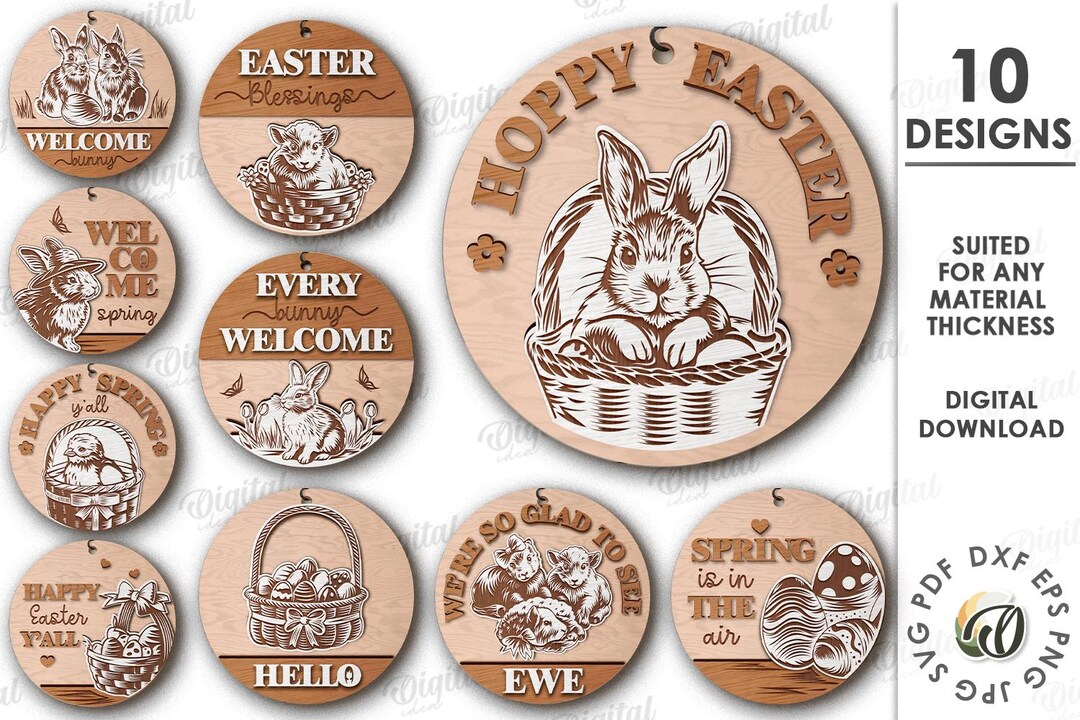 3D Easter Vintage Round Signs Bundle, Easter Door Sign Laser Cut ...