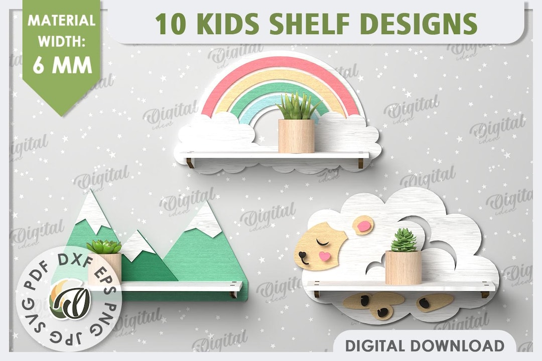 3D Kids Shelves Bundle, Wooden Shelf Laser Cut, Cute Baby Wall ...
