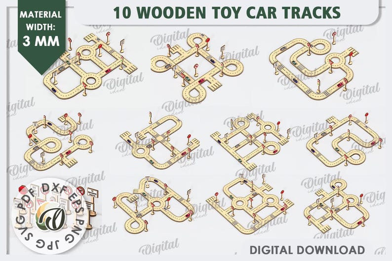 3D Wooden Toy Car Tracks Bundle, Puzzle Road Track Laser Cut, Road ...