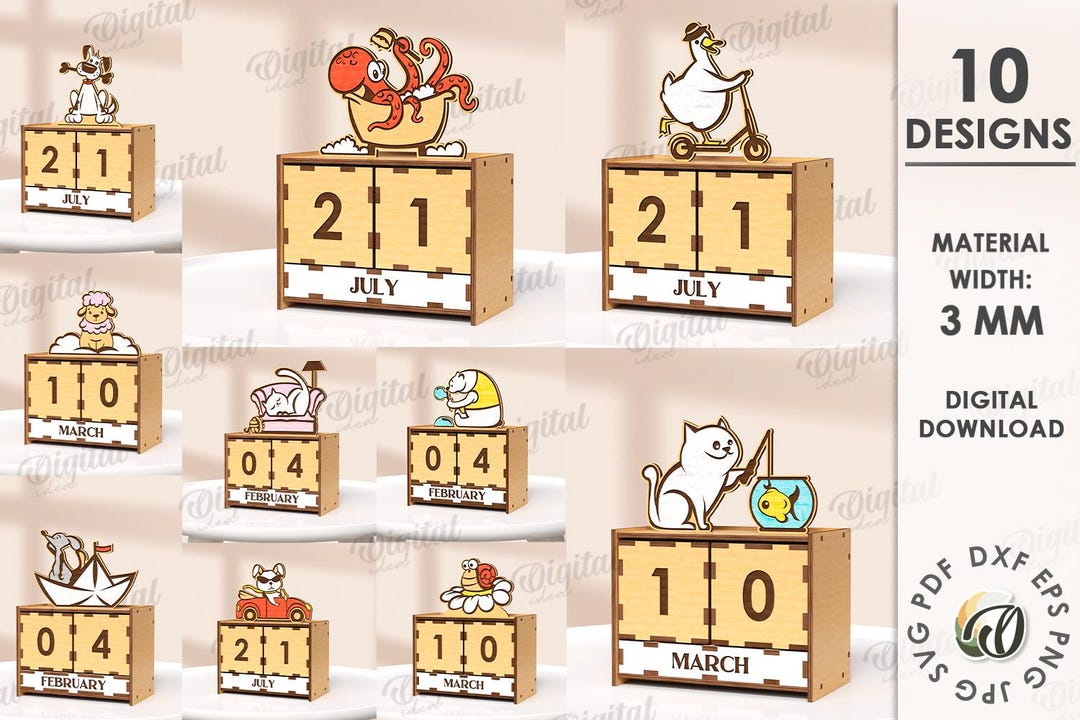 3D Funny Kids Block Calendars Bundle, Perpetual Block Calendar Laser ...