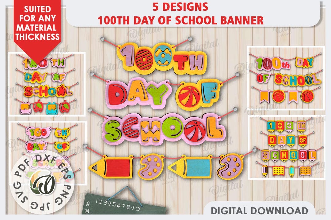 3D 100th Day of School Banners Bundle, School Layered Garland Laser Cut ...