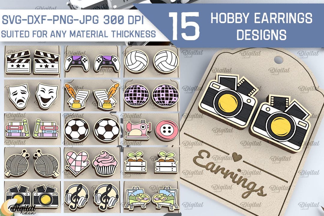 Hobby Earrings Bundle, Hobby Jewelry Laser Cut, Wooden Stud Earrings ...