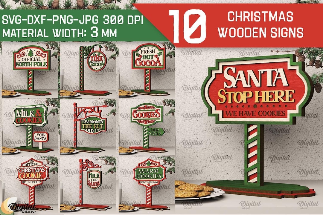 3D Christmas Stands Decor Bundle, Xmas Santa Stop Here Sign Laser Cut ...