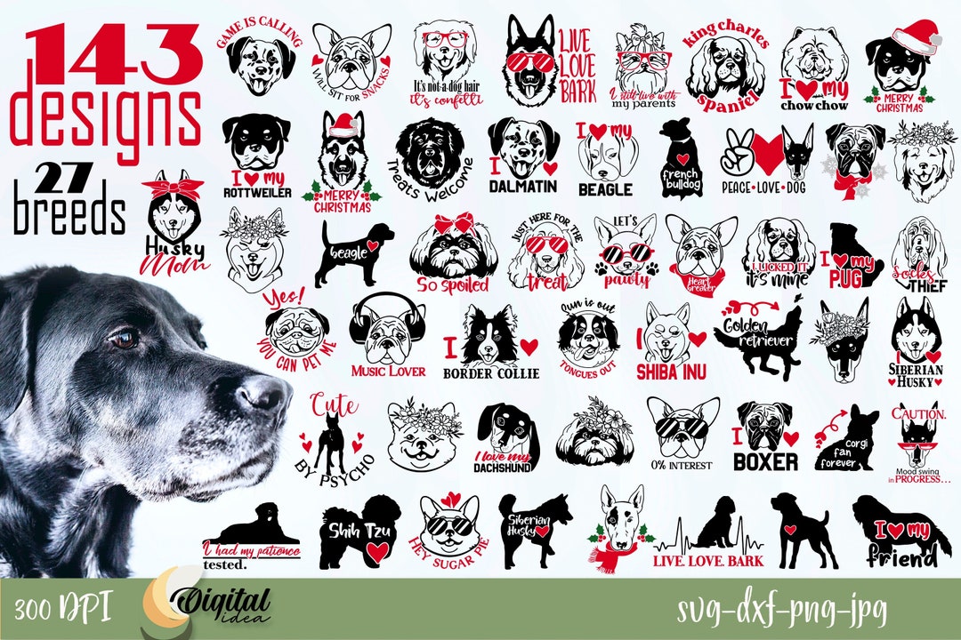 Méga lot de chiens SVG, 143 modèles de chiens, 27 races de chiens svg ...