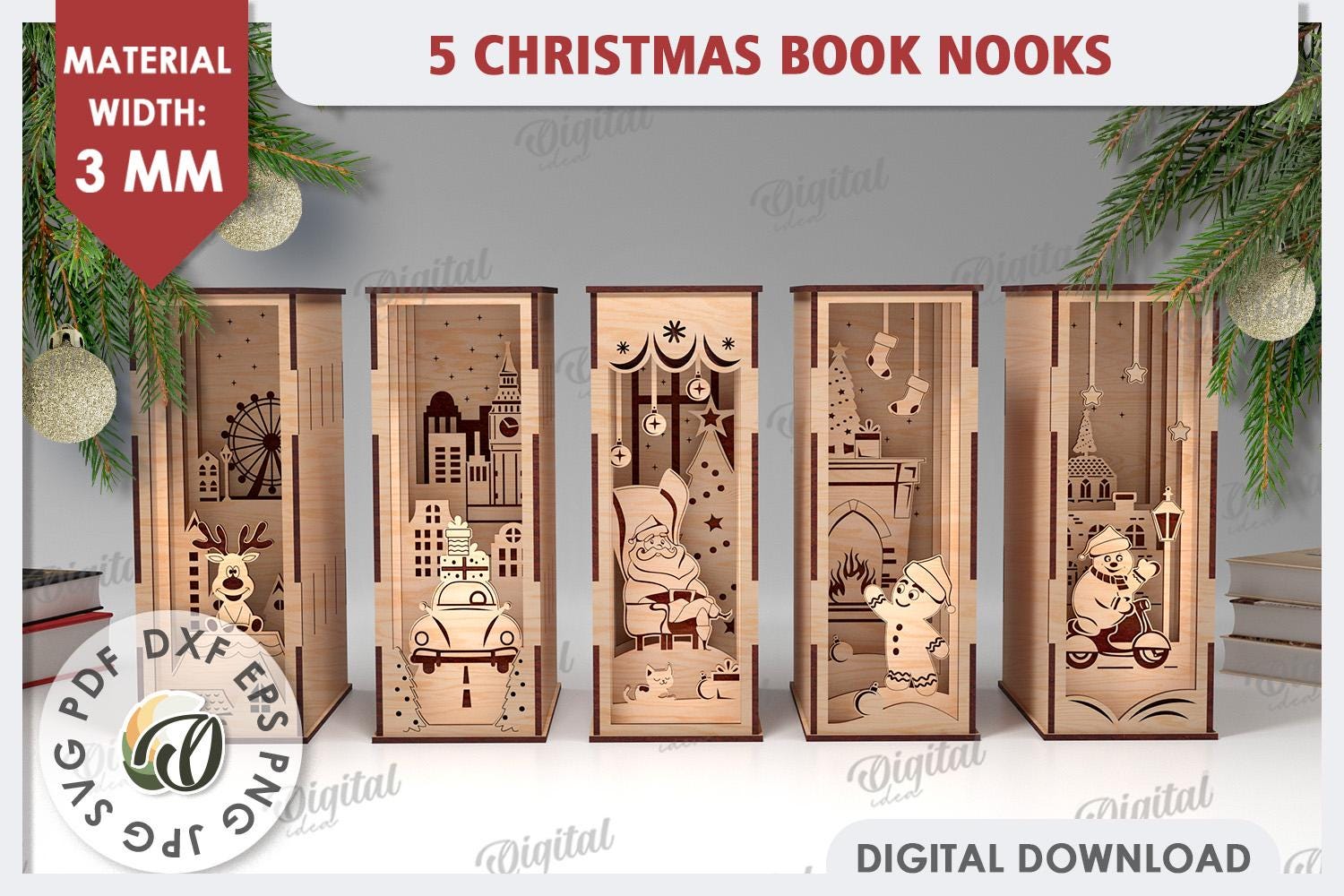 3D Christmas Book Nooks Bundle, Laser Cut Book Holder Designs, Xmas ...