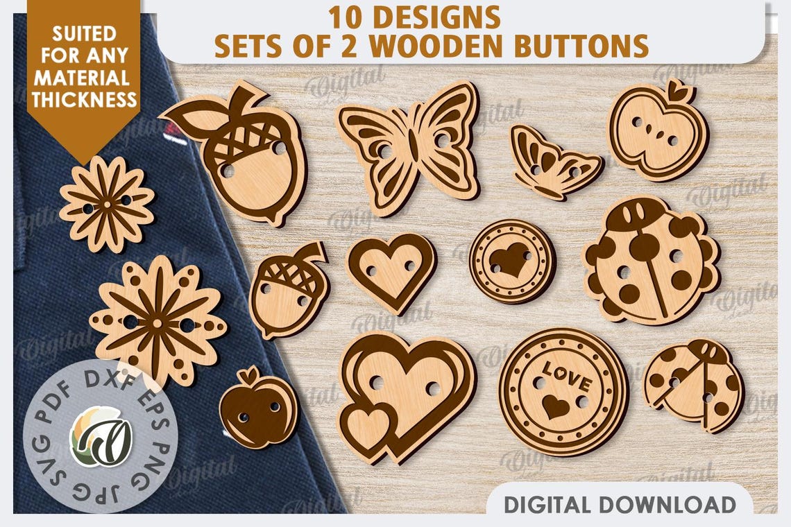 Wooden Buttons Bundle, Decorative Button Laser Cut, 2 Sets of Kids ...