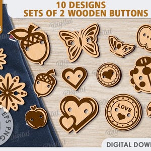 Wooden Buttons Bundle, Decorative Button Laser Cut, 2 Sets of Kids ...