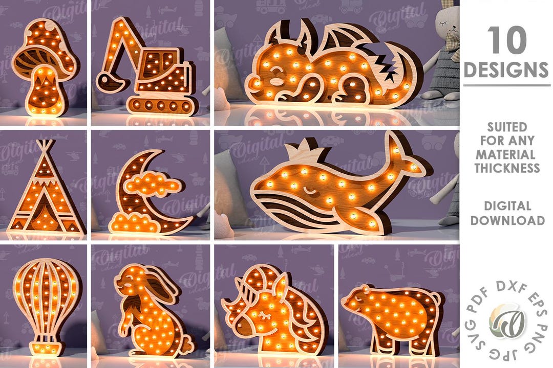 3D Wooden Kids Led Nightlights Bundle, Nursery Night Lamp Laser Cut ...