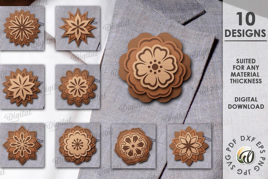 3D Wooden Lapel Pins Bundle, Flower Lapel Pin Laser Cut, Men's Wooden ...