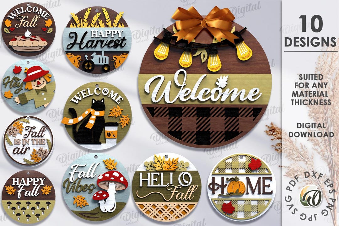 3D Autumn Round Signs Bundle, Wall Sign Laser Cut, Fall Quotes Svg ...