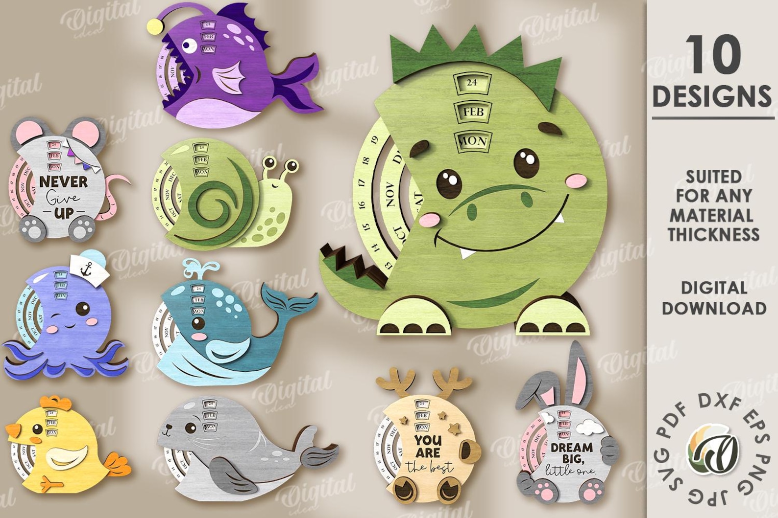 3D Kids Animal Perpetual Calendars Bundle, Round Calendar Laser Cut ...