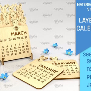 Layered Calendar With Stand Bundle, 3D Calendar Laser Cut, Cute Animal ...