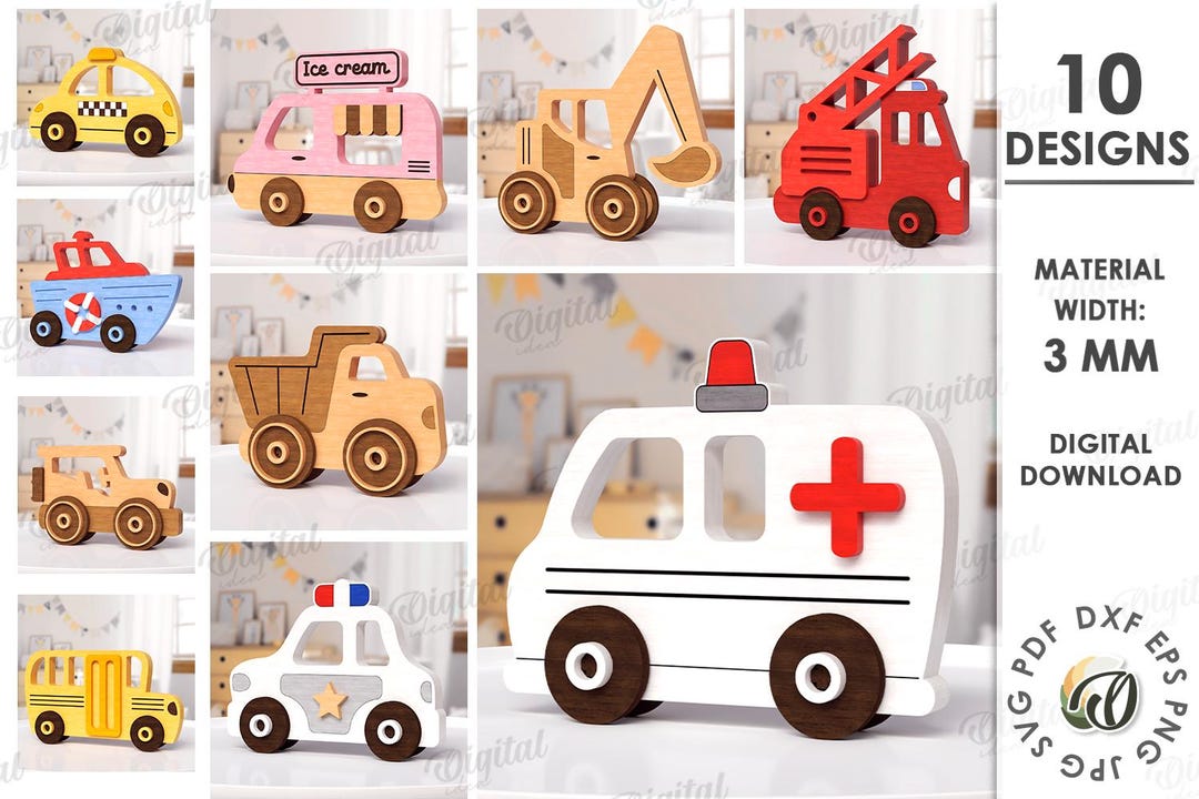 3D Kids Car Toys Bundle, Toy Car Laser Cut, Toddler Push and Pull Toy ...