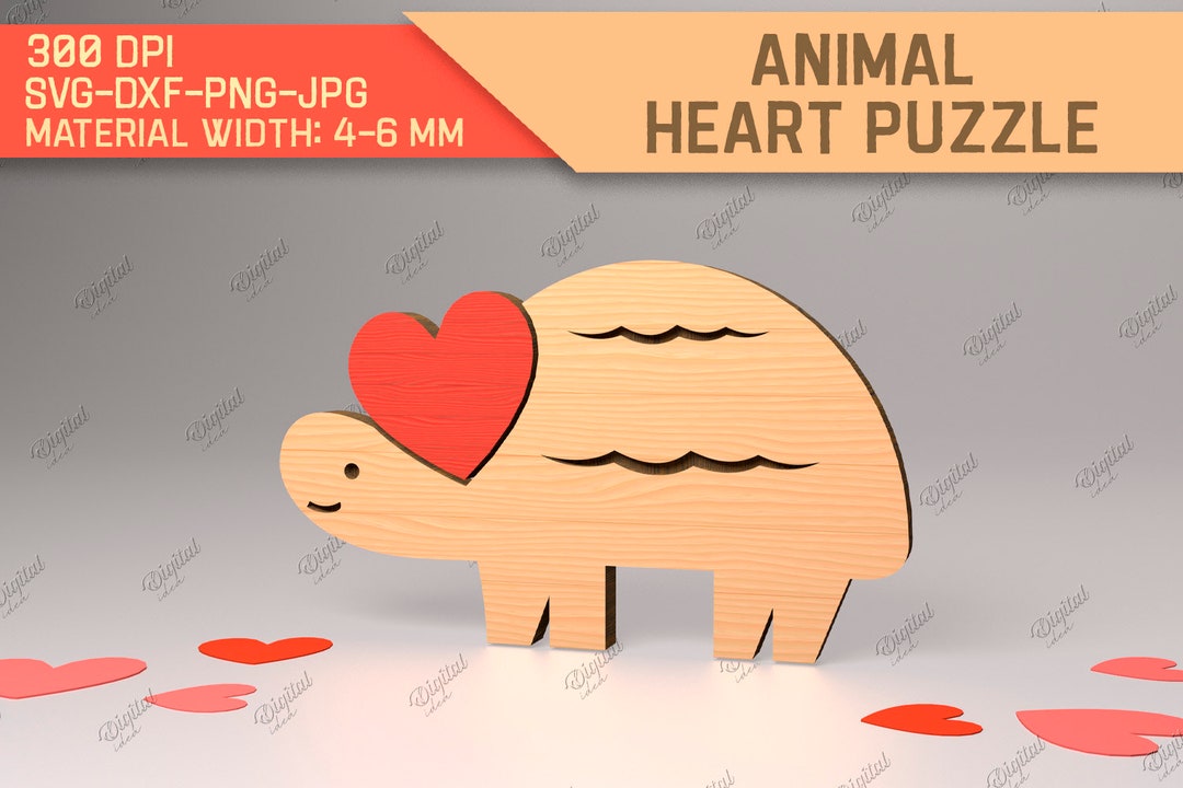 Wooden Turtle Love Puzzle, 3D Laser Cut Animal With Hearts, Cute Animal ...