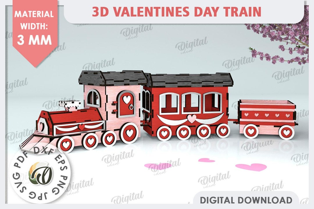 3D Valentine's Day Train, Wooden Moving Valentine Train Toy Laser Cut ...