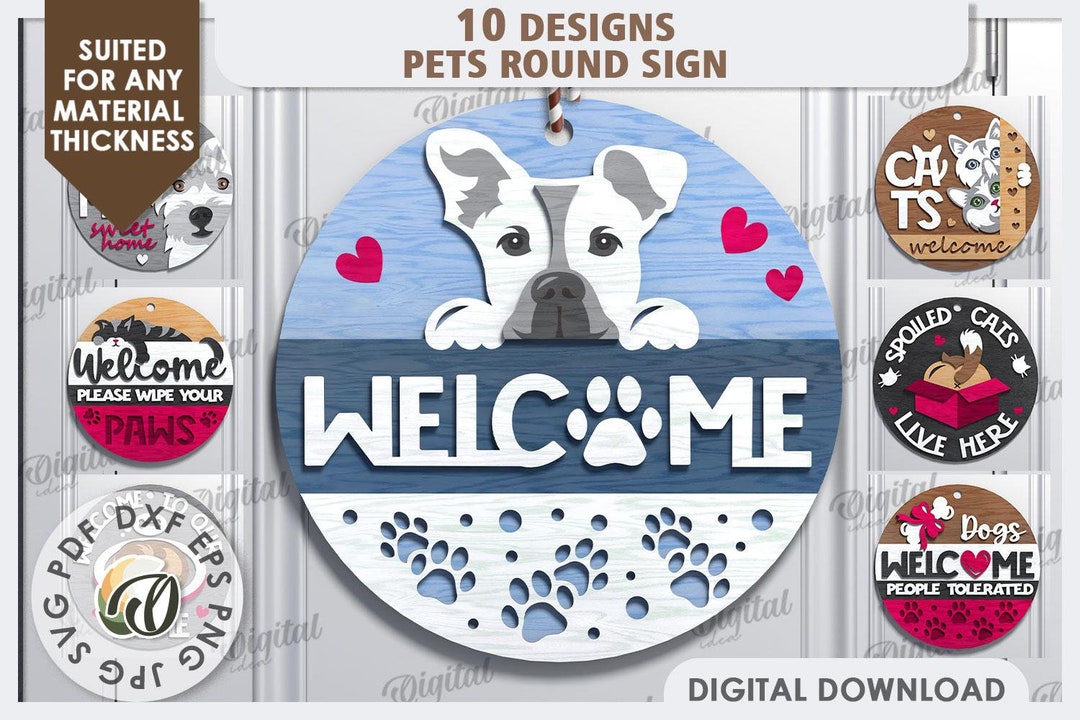 3D Pets Round Signs Bundle, Cat and Dog Hanger Laser Cut, Wooden Round ...