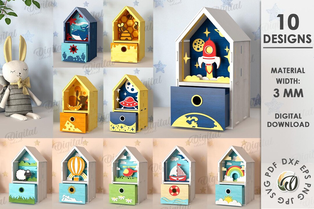 3D Kids House Boxes Bundle, Childrens Storage Box Laser Cut, Toy Box ...