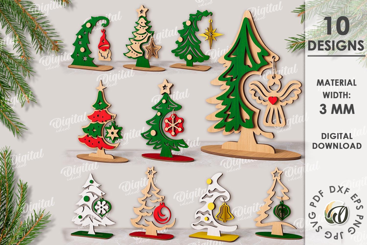 3D Christmas Tree Ornament Hangers Bundle, Standing Xmas Tree Laser Cut ...