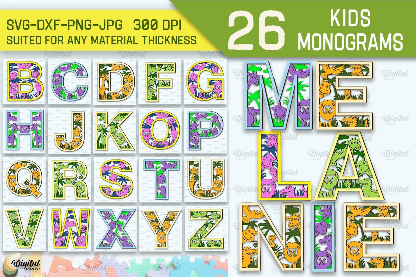 3D Kids Layered Alphabet Bundle, Children's Letters Laser Cut, Safari ...