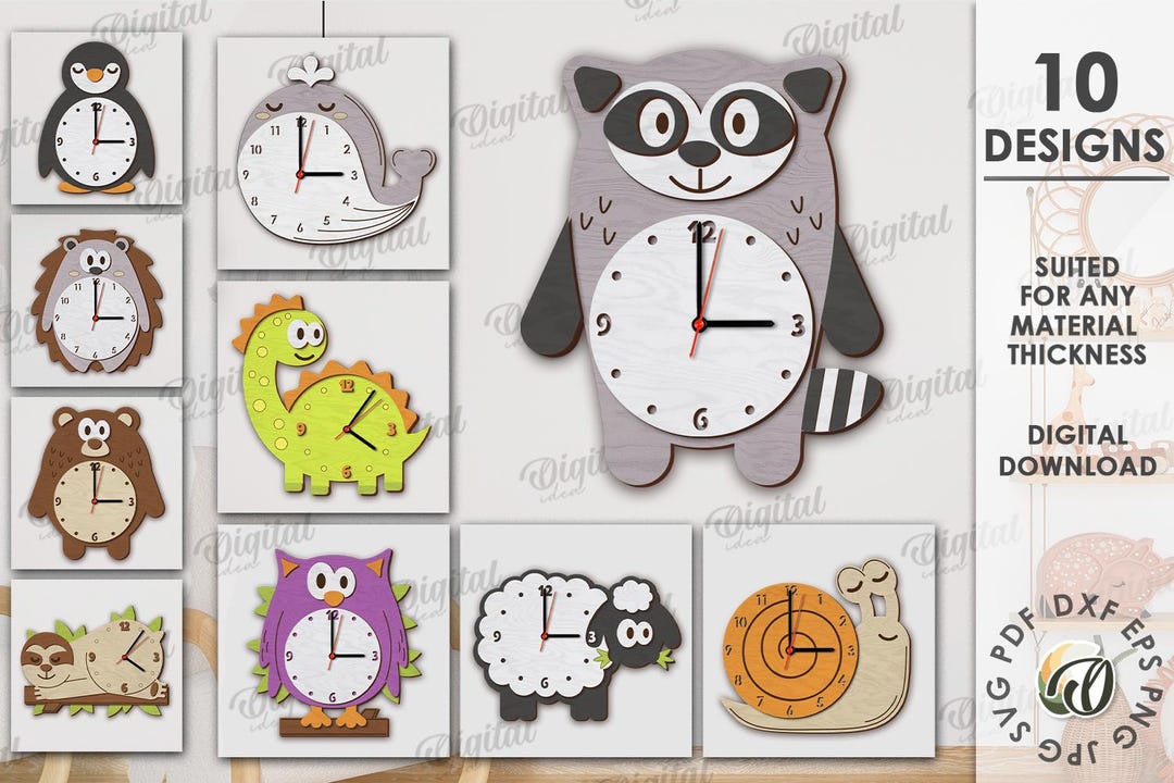 3D Animal Wall Clock Bundle, Decorative Clock Laser Cut, Kids Room ...