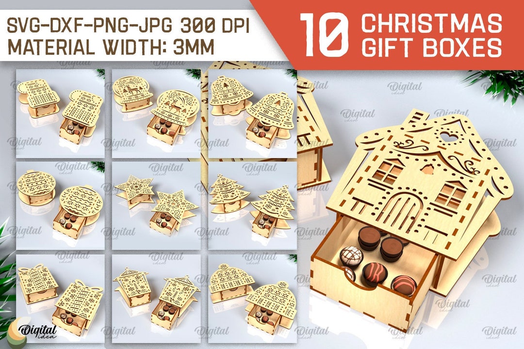 3D Christmas Gift Boxes Bundle, Present Box Laser Cut Files, Merry ...