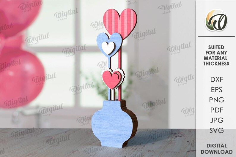 3D Valentine's Day Heart Decorations Bundle, Wooden Vase Laser Cut ...
