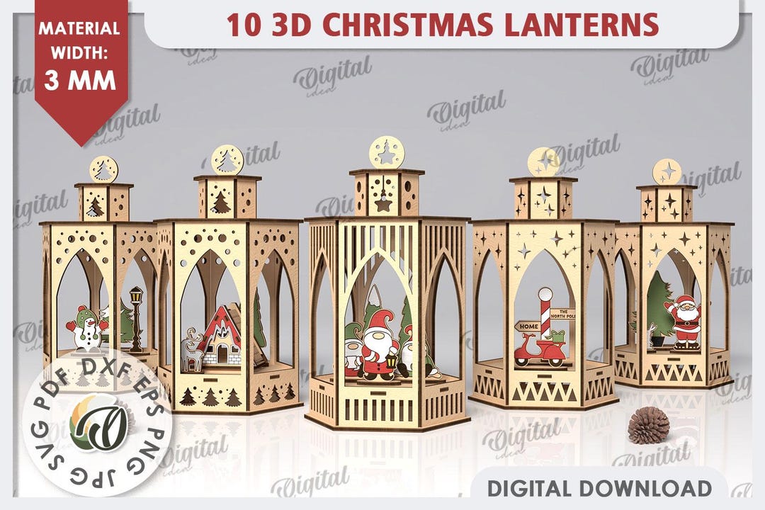 3D Christmas Lanterns Bundle, Xmas Scene Lamp Laser Cut, Decorative ...