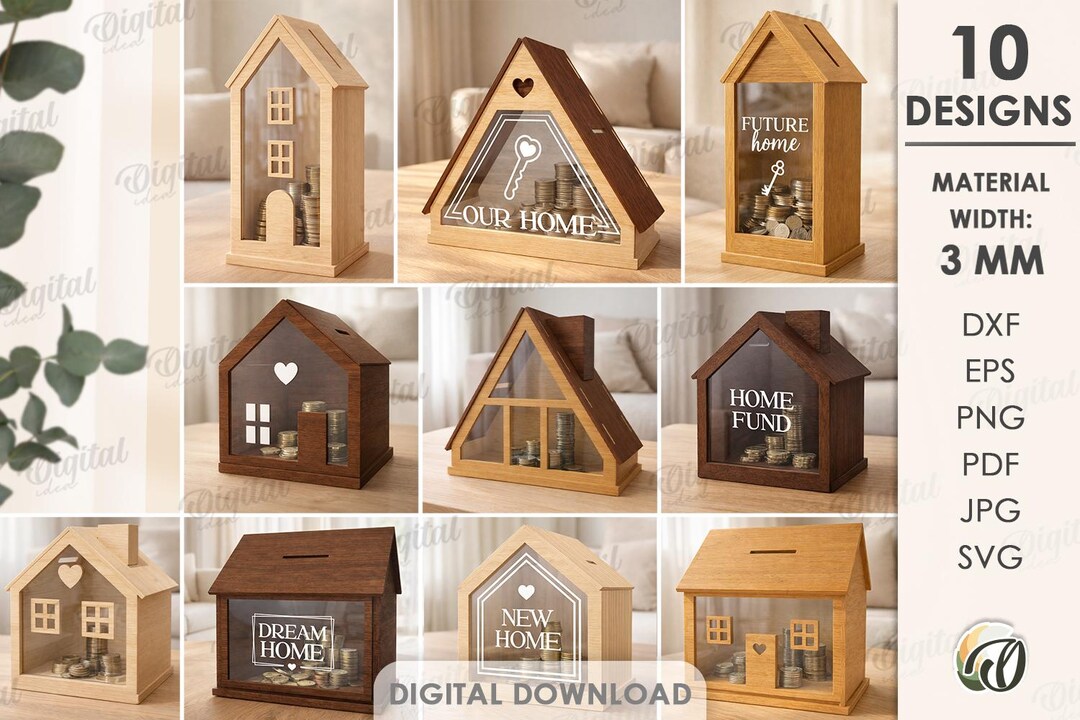 3D House Money Banks Bundle, Cash Box Laser Cut Files, House Shaped ...