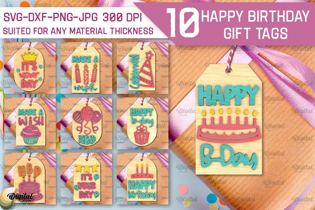 3D Happy Birthday Gift Tags Bundle, Gift Tag Laser Cut, Birthday Quotes ...