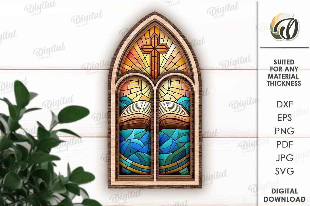 3D Christian Gothic Stained Glass Window,wall Sign Laser Cut With Sublimation, Cross Svg ...