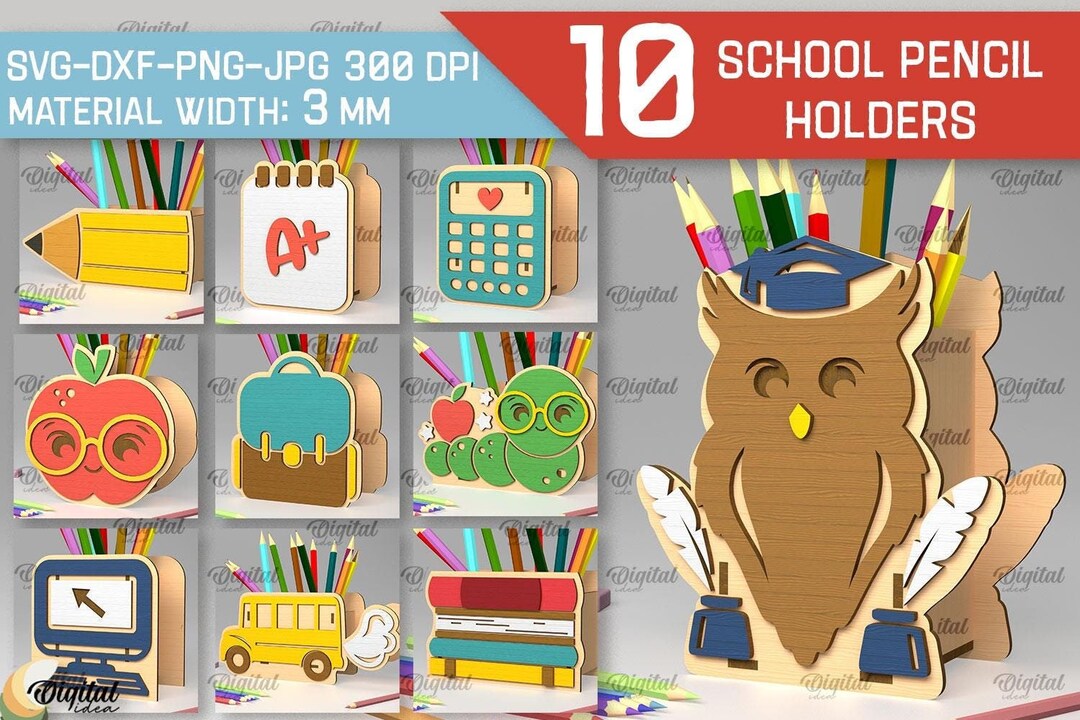 3D School Pencil Holder Bundle, 3D Pencil Stand Lasercut, Wooden Pen ...