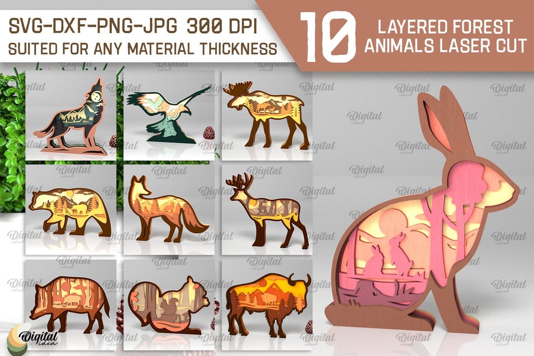 Wooden Layered Forest Animals Bundle, 3D Wild Animals Standing Decor ...